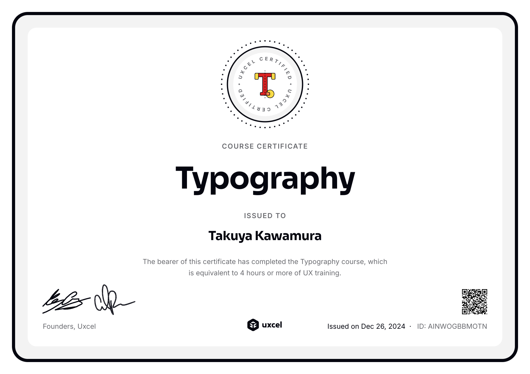 Certificate of completion for Typography | Uxcel